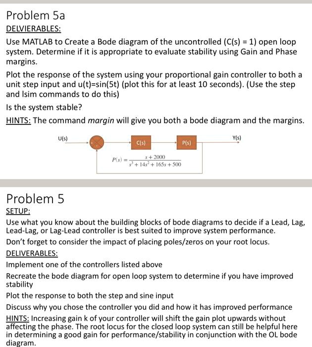 Solved Problem 5a Delvierables Use Matlab To Create A Bode Diagram Of The Uncontrolledcs