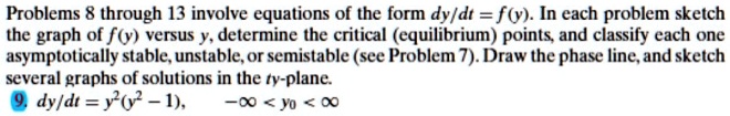 SOLVED: Problems 1 through 13 involve equations of the form dy/dt = f(y). In each problem ...