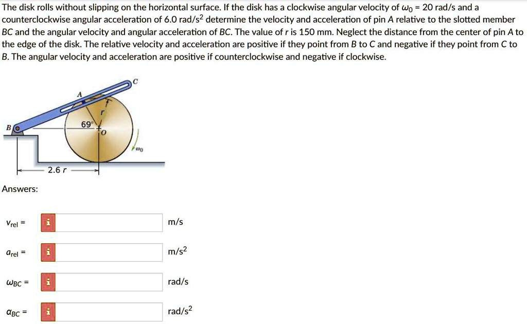 SOLVED: The disk rolls without slipping on the horizontal surface.If the disk has a clockwise ...