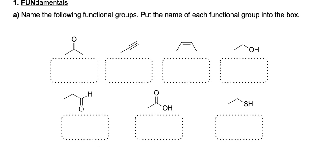 SOLVED: FUNdamentals a) Name the following functional groups. Put the ...