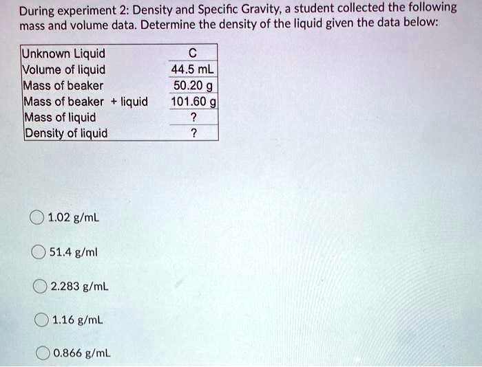 SOLVED:During experiment 2: Density and Specific Gravity; a student collected the following mass ...