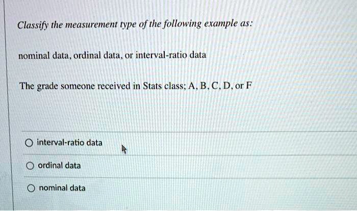 Classify the measurement type of the following example as: nominal data, ordinal data, or ...
