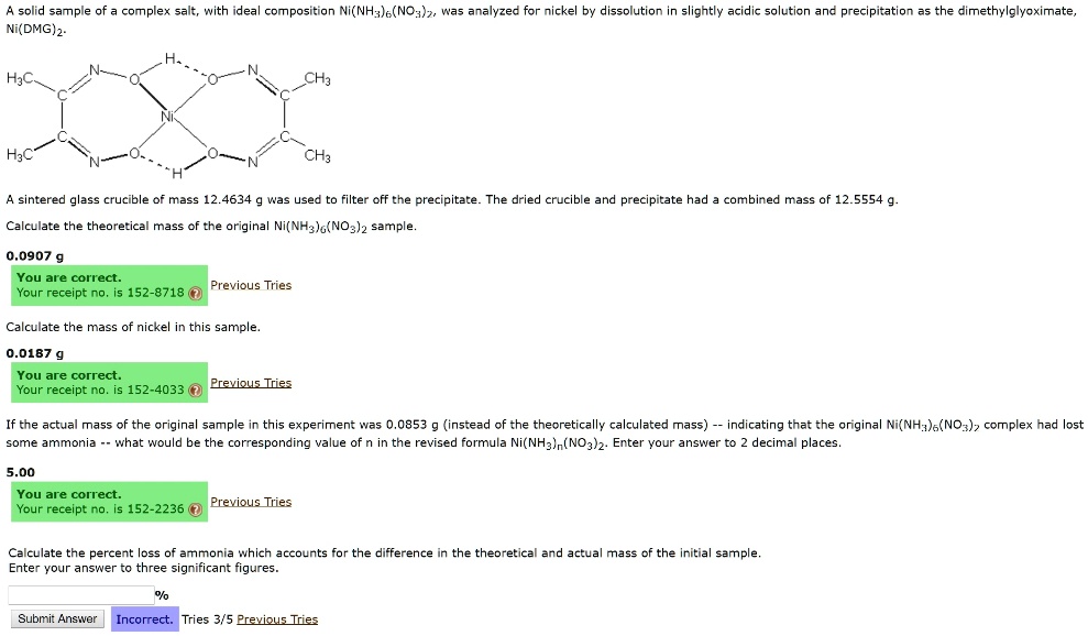 SOLVED:solid samp Ni(DMG)2: complex sal , with CoM Osmior Ni(NHz}e(NC3h ...