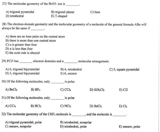 SOLVED: 27) The molecular geometry of the BrO3- ion is A) trigonal ...