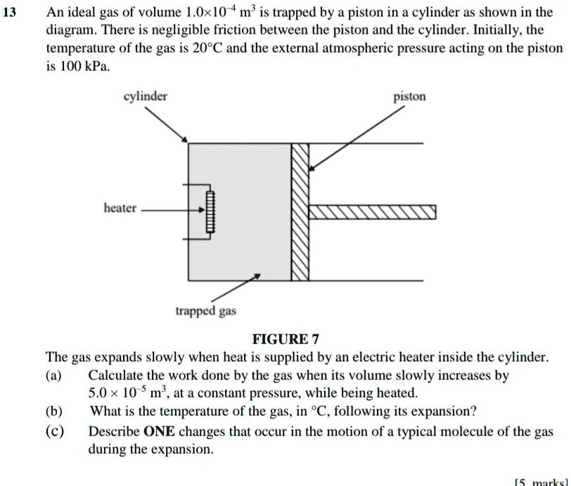 13 An ideal gas of volume 1.0×10^-4 m^3 is trapped by a piston in a ...