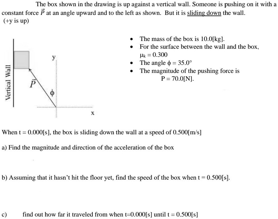 The box shown in the drawing is up against a vertical wall. Someone is ...