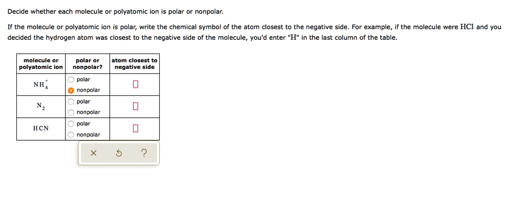 Decide Whether Each Molecule Polyatomic Ion Polar Or Nonpolar If The Molecule Or Polyatomic Ion