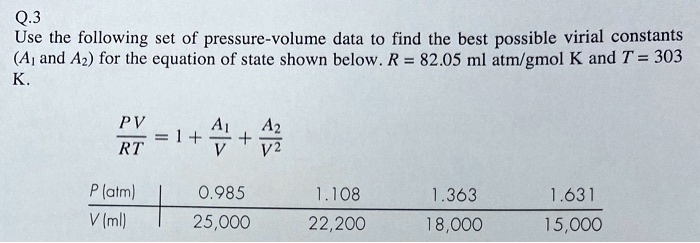 SOLVED: Q.3 Use the following set of pressure-volume data to find the best possible virial ...