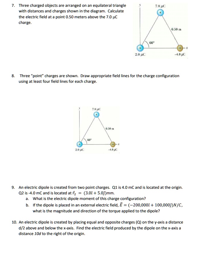three charged objects are arranged on an equilateral triangle with distances and charges shown ...