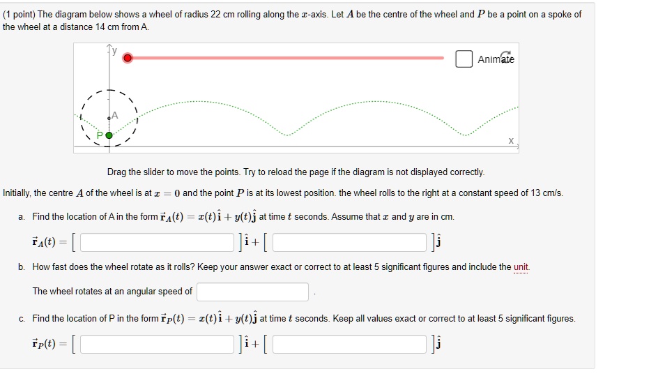 SOLVED: The diagram below shows a wheel of radius 22 cm rolling along the x-axis. Let A be the ...