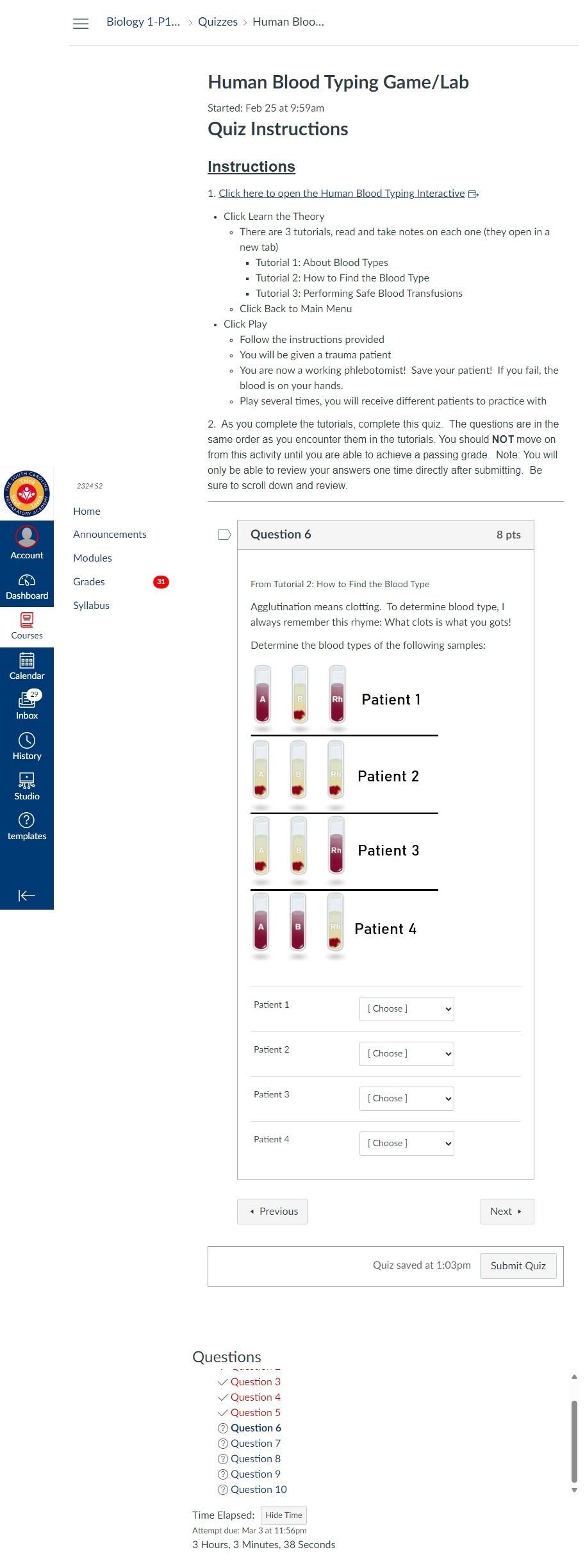 Human Blood Typing Game/Lab Started: Feb 25 at 9:59am Quiz Instructions Instructions 1. Click ...