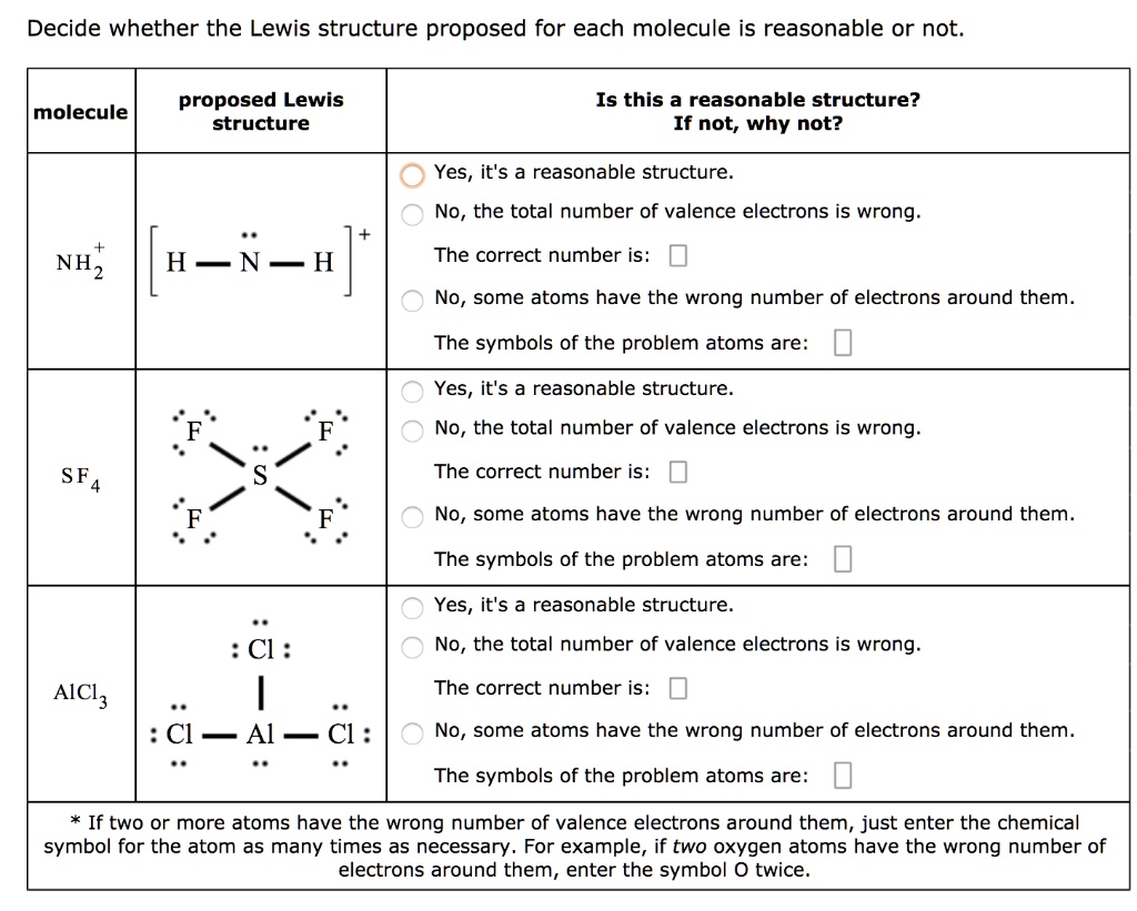 decide whether the lewis structure proposed for each molecule is ...