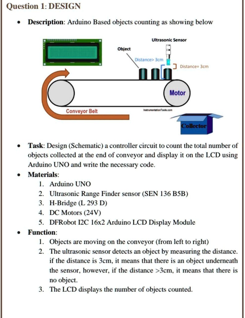 SOLVED: Question 1: DESIGN Description: Arduino Based object counting as shown below Ultrasonic ...