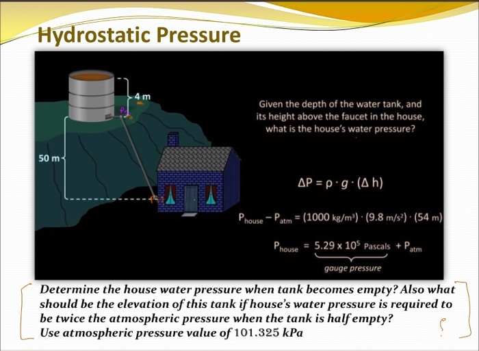 SOLVED: Hydrostatic Pressure Given the depth of the water tank and its ...
