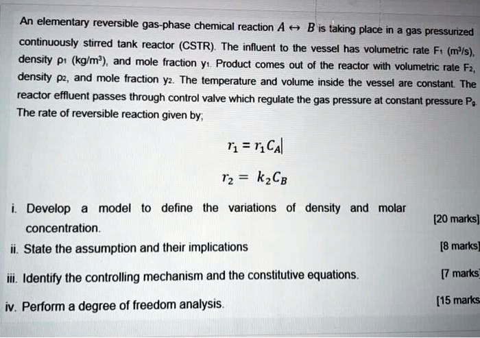 SOLVED: An elementary reversible gas-phase chemical reaction A â†’ B is ...