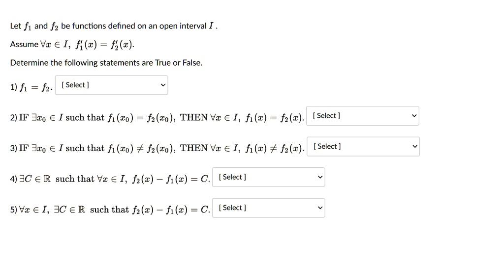 SOLVED: Let f1 and f2 be functions defined on an open interval I. Assume for every x in I, f1(x ...