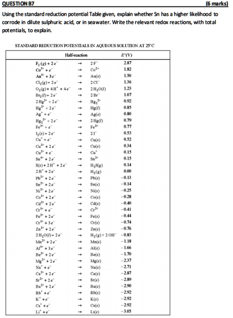 questionb7 6 marks using the standard reduction potential table given ...