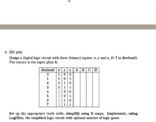 4. (20 pts) Design a digital logic circuit with three (binary) inputs: x, y and z, (0-7 in ...