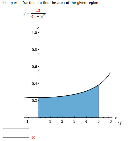 Use partial fractions to find the area of the given region. y=(15)/(64 ... Use partial fractions to find the area of the given region. y=(15)/(64 ...