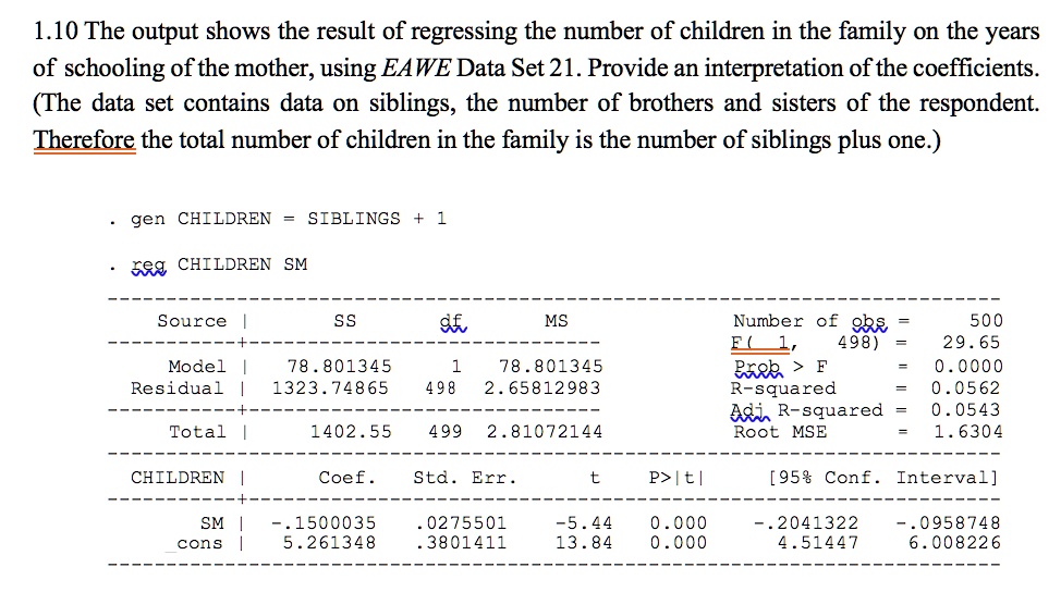 SOLVED: 1.10 The output shows the result of regressing the number of children in the family on ...