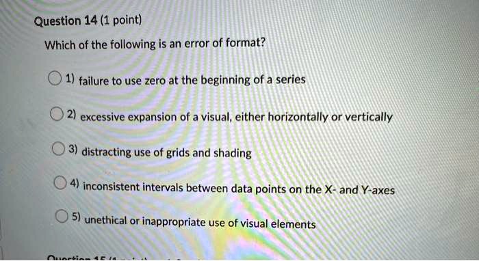 SOLVED: Question 14 (1 point): Which of the following is an error of format? O1) Failure to use ...