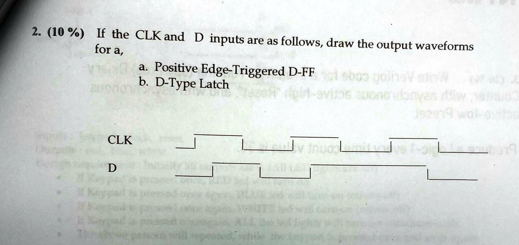 (10%) If the CLK and D inputs are as follows, draw the output waveforms for a, a. Positive Edge ...