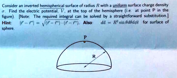 SOLVED: Consider an inverted hemispherical surface of radius R with a uniform surface charge ...