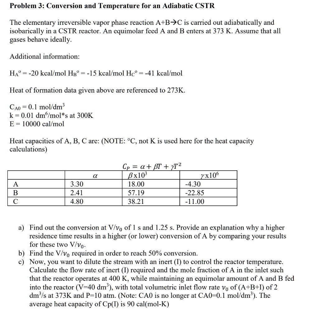 SOLVED: Problem 3: Conversion and Temperature for an Adiabatic CSTR The ...