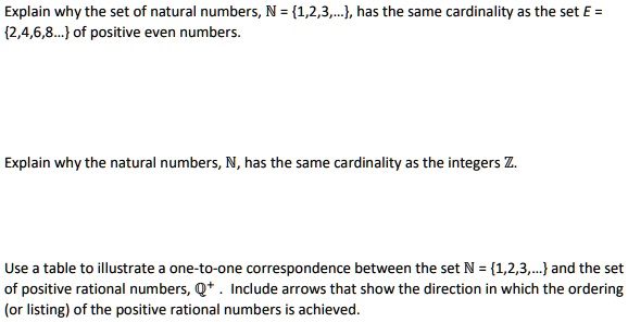 SOLVED: Explain why the set of natural numbers, N = 1,2,3, has the same ...