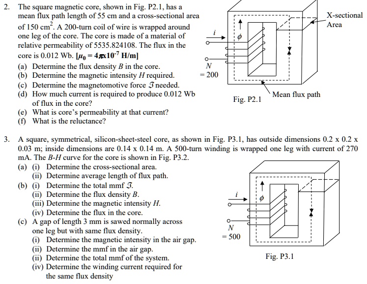 The square magnetic core, shown in Fig: P2.I, has a mean flux path ...