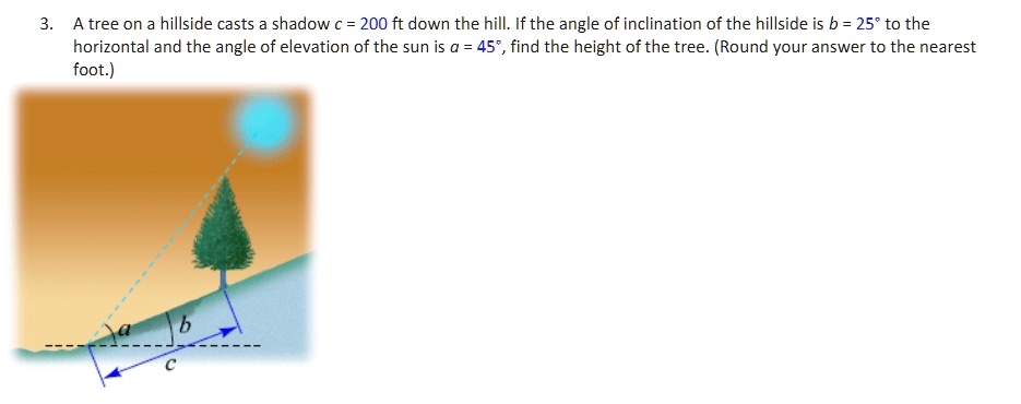 SOLVED: A tree on hillside casts shadow € = 200 ft down the hill. Ifthe ...