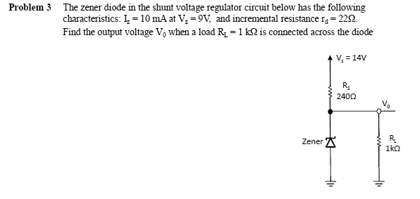 SOLVED: Problem 3: The zener diode in the shunt voltage regulator circuit below has the ...
