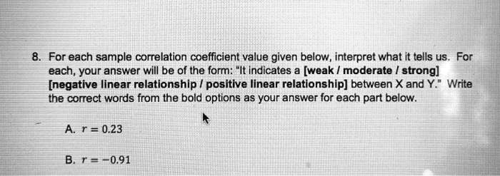 SOLVED: For each sample correlation coefficient value given below ...