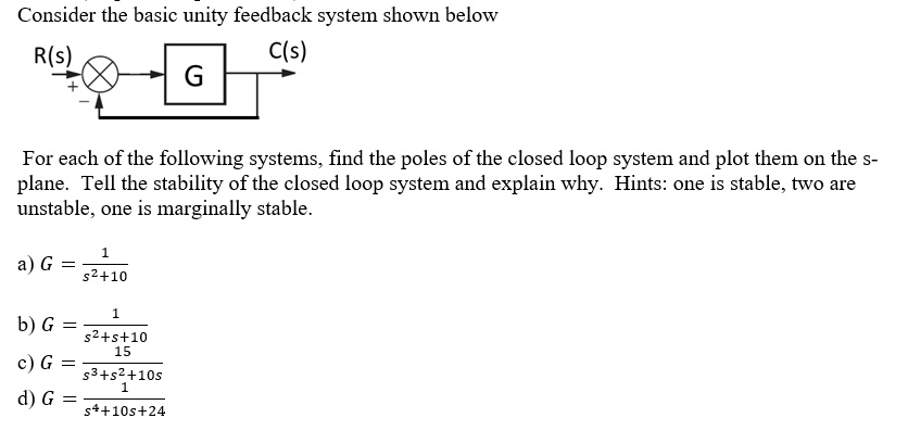 SOLVED: Consider the basic unity feedback system shown below: C(s) R(s) For each of the ...