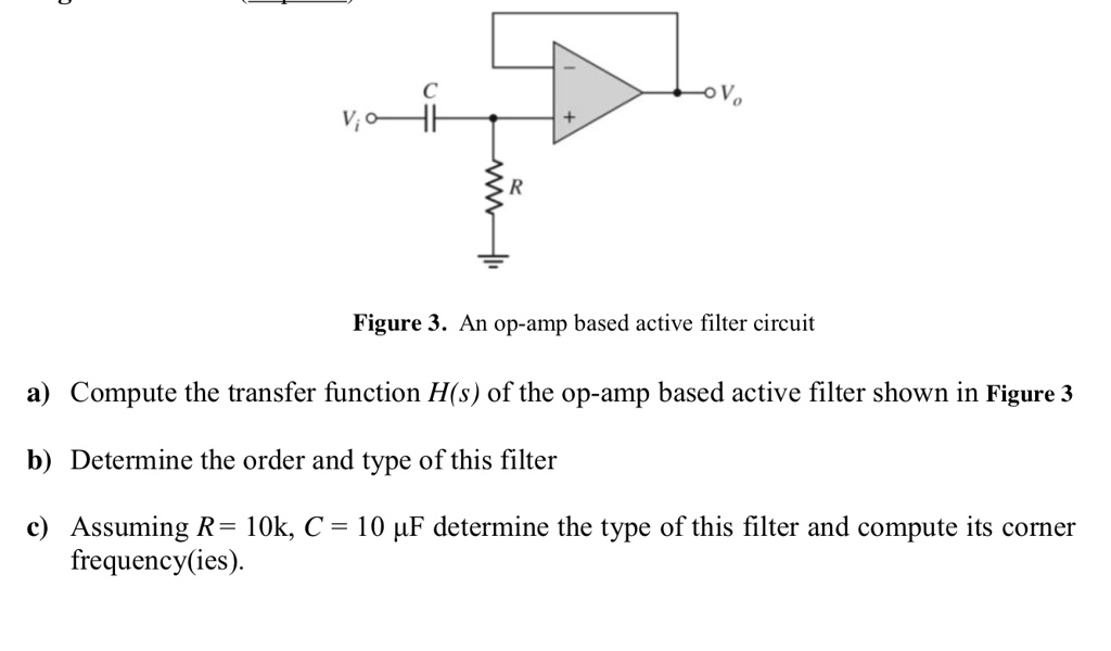 SOLVED: Figure 3. An op-amp based active filter circuit a) Compute the transfer function H(s) of ...