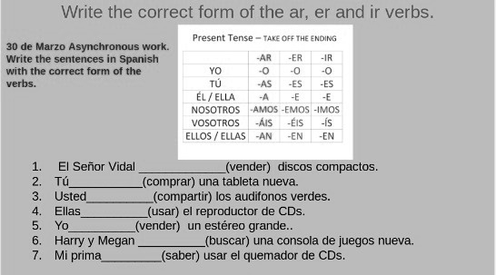 SOLVED: 'Write the correct form of the ar; er and ir verbs Present ...