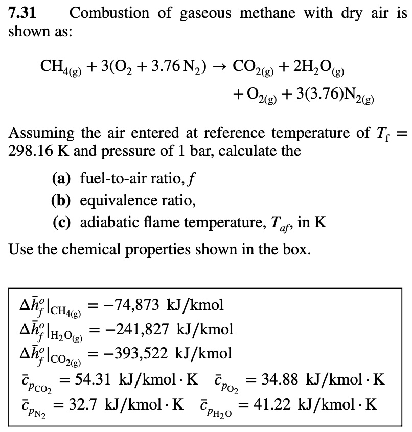 7.31 Combustion of gaseous methane with dry air is shown as: CH4(g) + 3 ...
