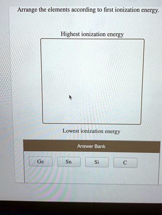 SOLVED: Arrange the elements according to first ionization energy ...
