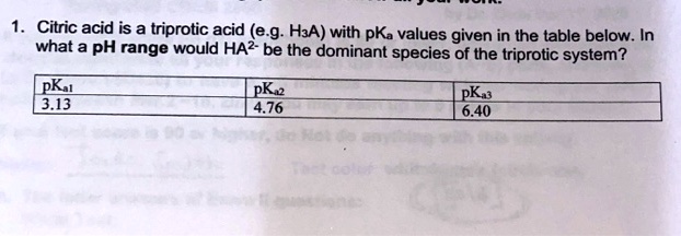 SOLVED: Citric acid is a triprotic acid (e.g HaA) with pKa values given ...