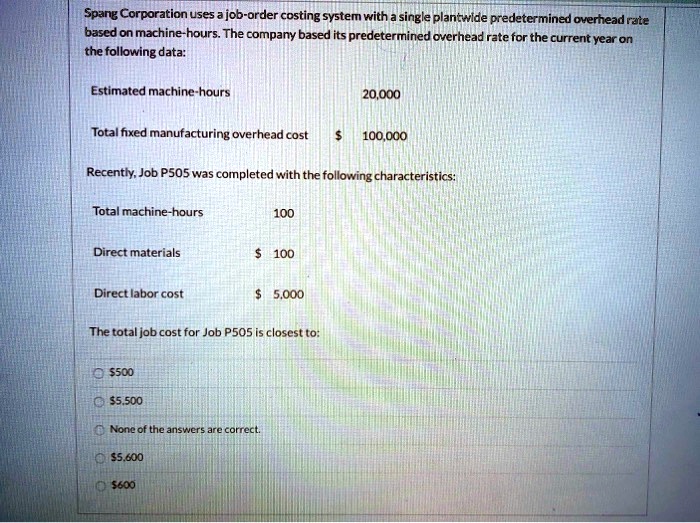 SOLVED: Spang Corporation uses a job-order costing system with a single ...