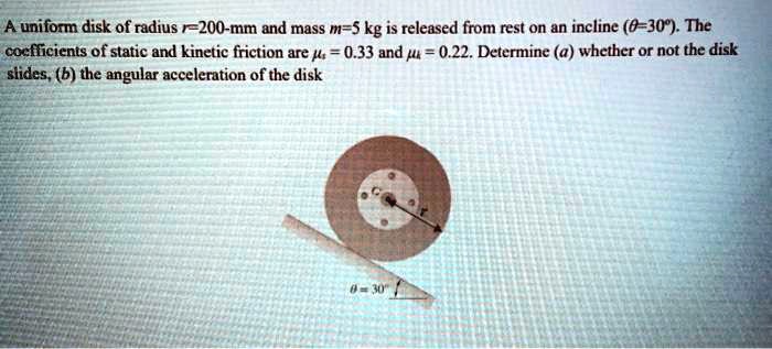 SOLVED: A uniform disk of radius r = 200 mm and mass m = 5 kg is released from rest on an ...