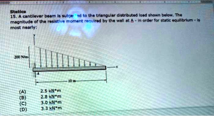 Statics 15. A cantilever beam is subjected to the triangular distributed load shown below. The ...