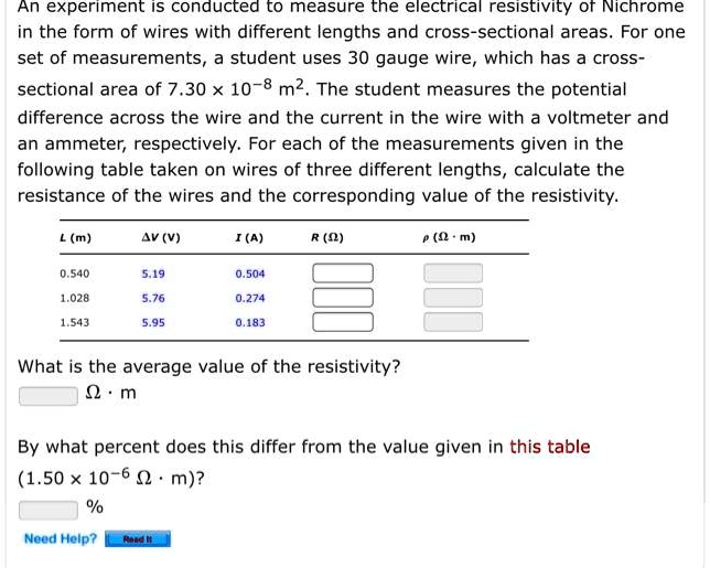 an experiment is conaucted to measure the electrical resistivity or ...