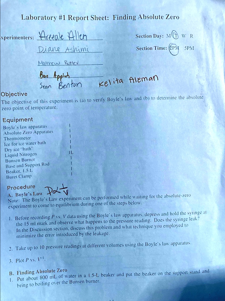 Laboratory #1 Report Sheet: Finding Absolute Zero xperimenters: Areeate ...