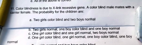 Solved Ali Ol Ine Adove Color Blindness Is Due To X Link Recessive 6639