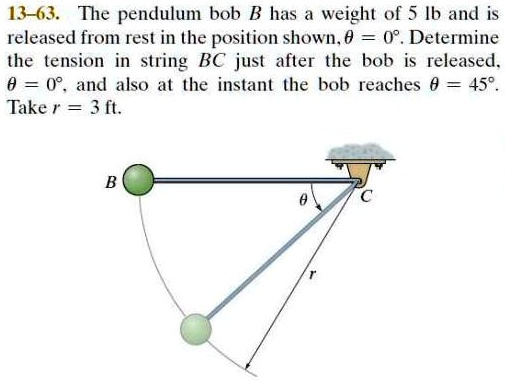 SOLVED: The pendulum bob B has a weight of 5 lb and is released from ...