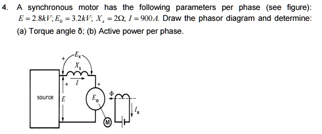 SOLVED: A synchronous motor has the following parameters per phase (see figure): E=2.8kV, X=2Î ...