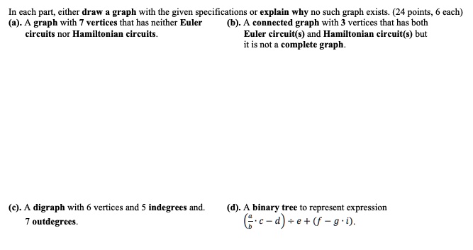SOLVED: In each part, either draw a graph with the given specifications or explain why no such ...