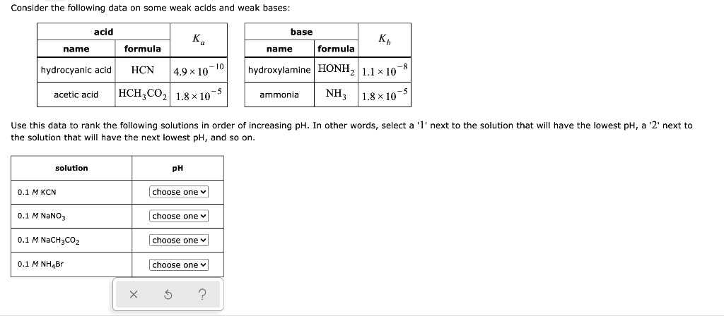 SOLVED: Consider the following data on some weak acids and weak bases: acid base name formula ...