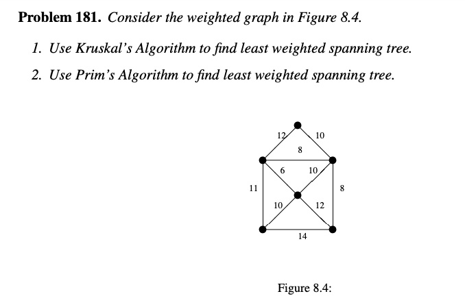 SOLVED: Problem 181. Consider the weighted graph in Figure 8.4. Use ...